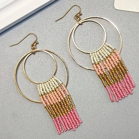 Jewelry | Boho Seed Bead Ombr Gold Circle Dangle Earrings Pink Gold ...